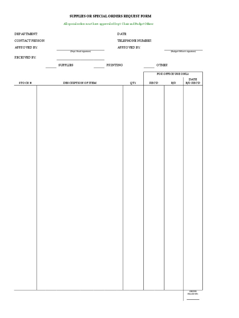 Supplies or Special Orders Request Form | Download Free PDF | Business