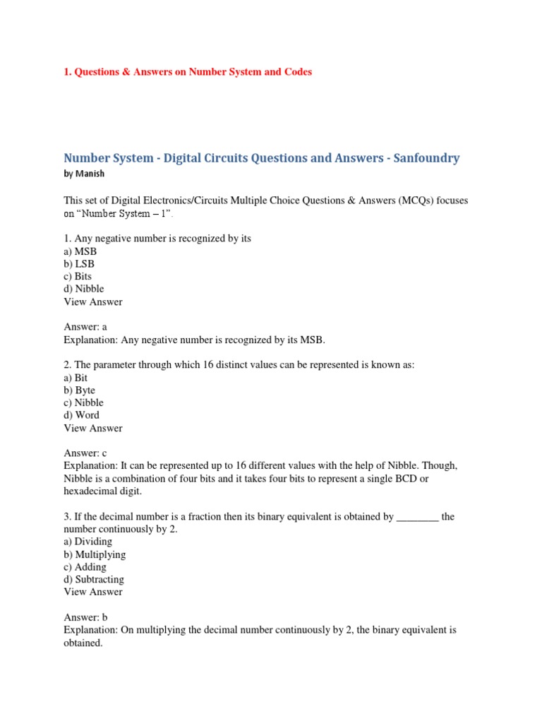 Questions & Answers On Number System and Codes | PDF | Binary Coded ...
