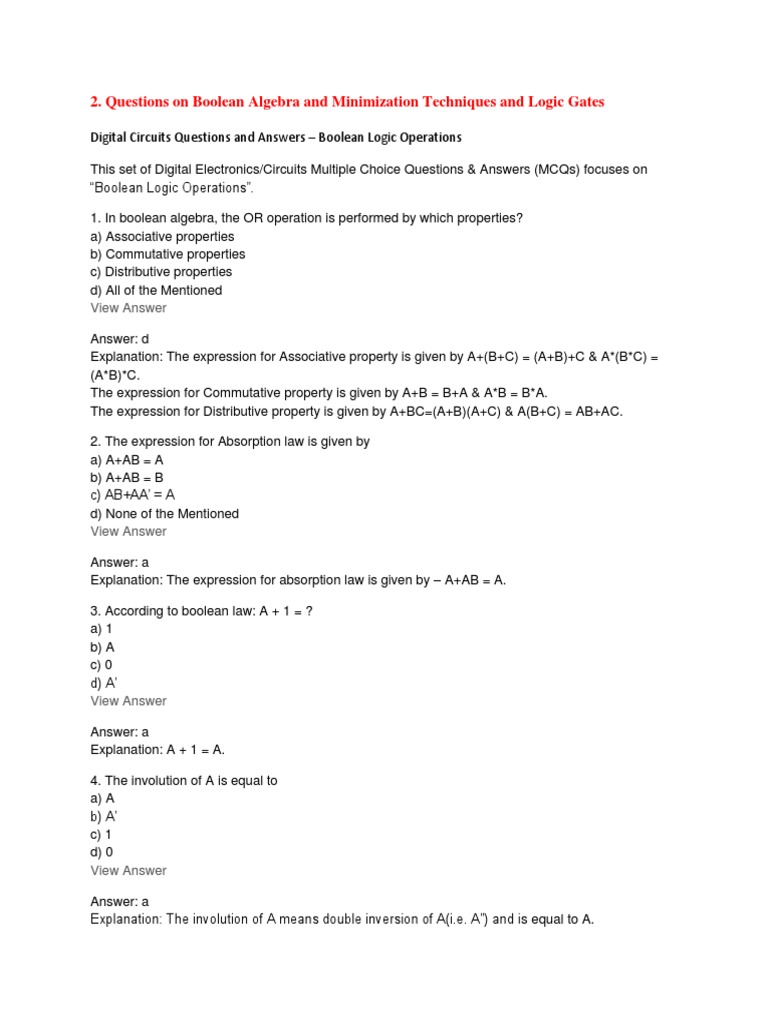 Questions On Boolean Algebra And Minimization Techniques And Logic Gates Pdf Integrated