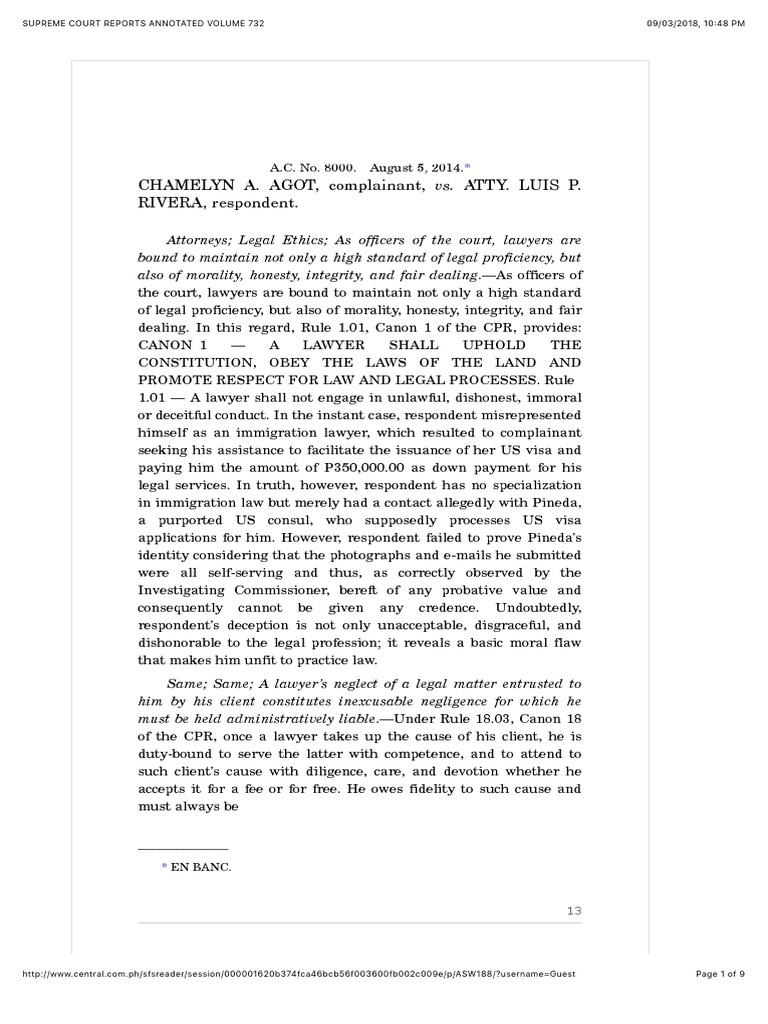 CHAMELYN A. AGOT, Complainant, vs. ATTY. LUIS P. RIVERA, Respondent ...