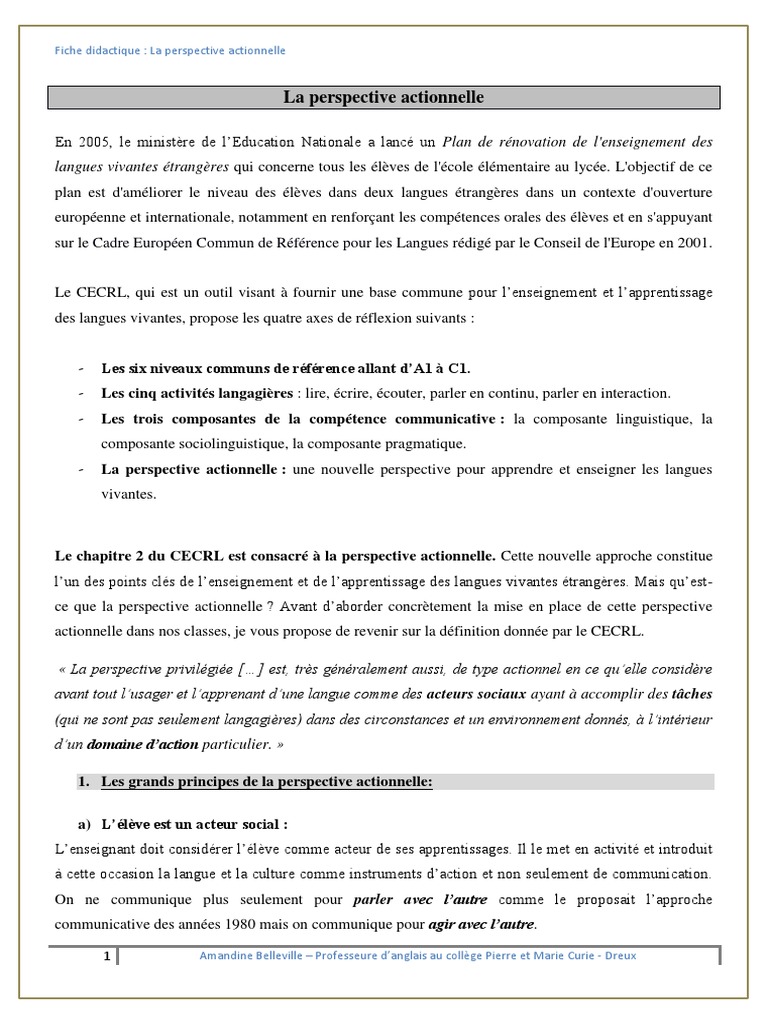 Fiche Didactique La Perspective Actionnelle a.bellEVILLE-1 | PDF | Pédagogie | la communication