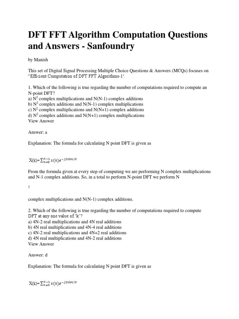 Questions On Dft Efficient Computation Fast Fourier Transform Algorithms Pdf Discrete