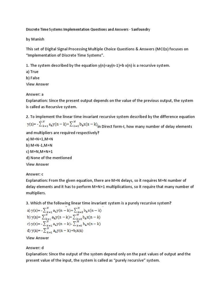 Questions & Answers On Discrete Time Signals and Systems | PDF | Recurrence Relation | Convolution