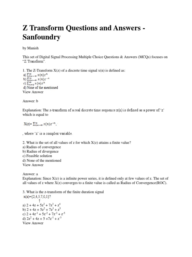 Questions & Answers On Z Transform and Its Application - Analysis of The LTI Systems | PDF ...