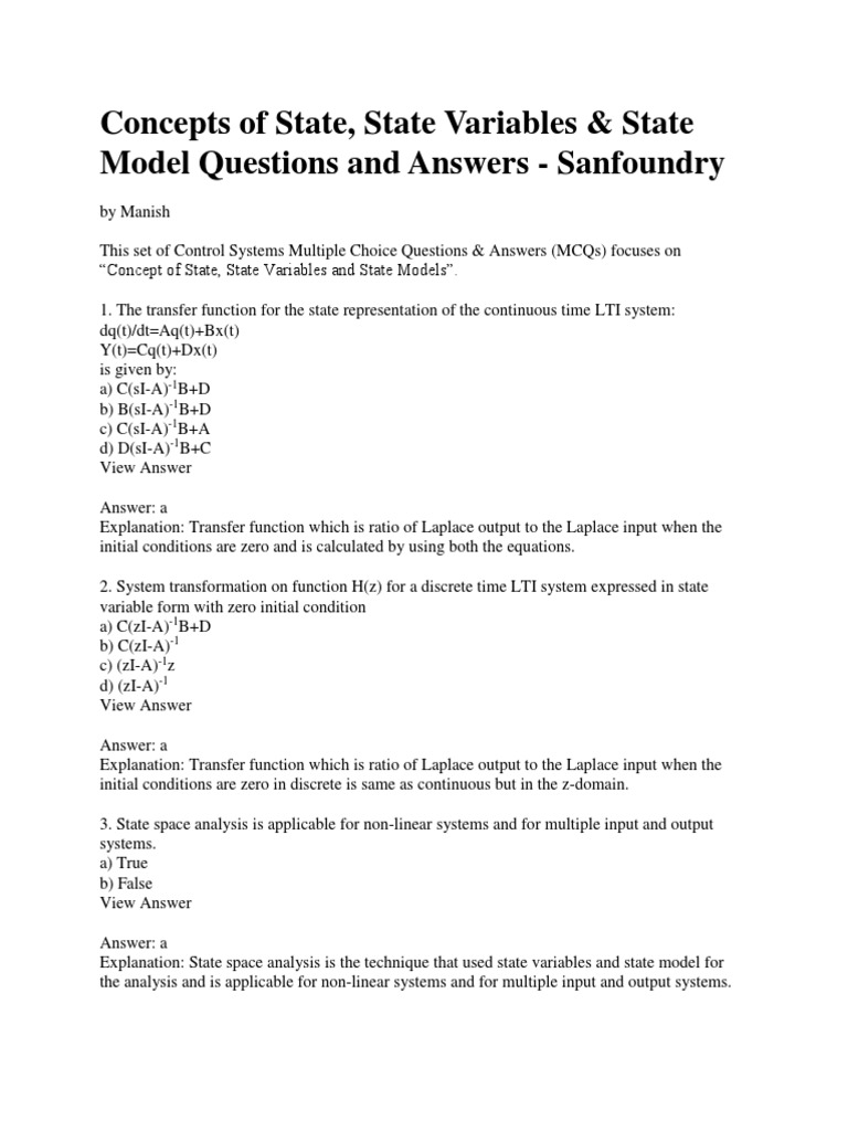 Questions & Answers On State Variable Analysis and Design | PDF ...