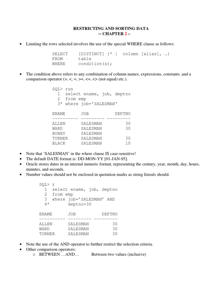 Restricting and Sorting Data - Chapter | PDF | Data Management | Notation
