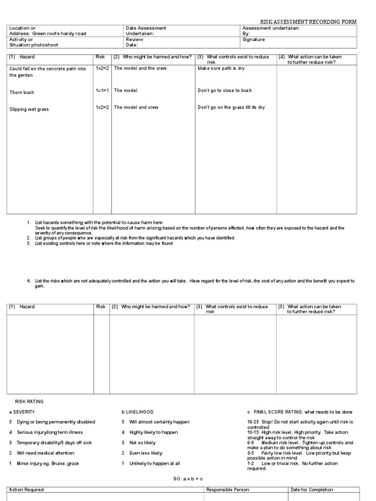 Risk Assessment Recording Form | PDF | Risk Assessment | Risk