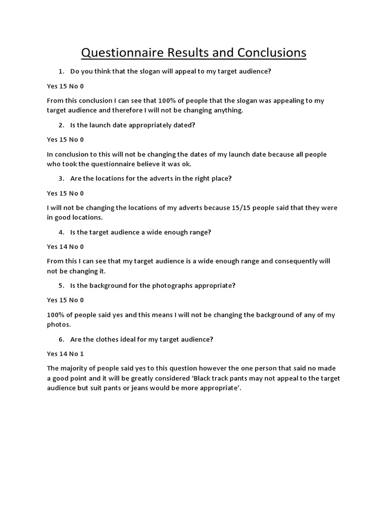 Questionnaire Results and Conclusions | PDF