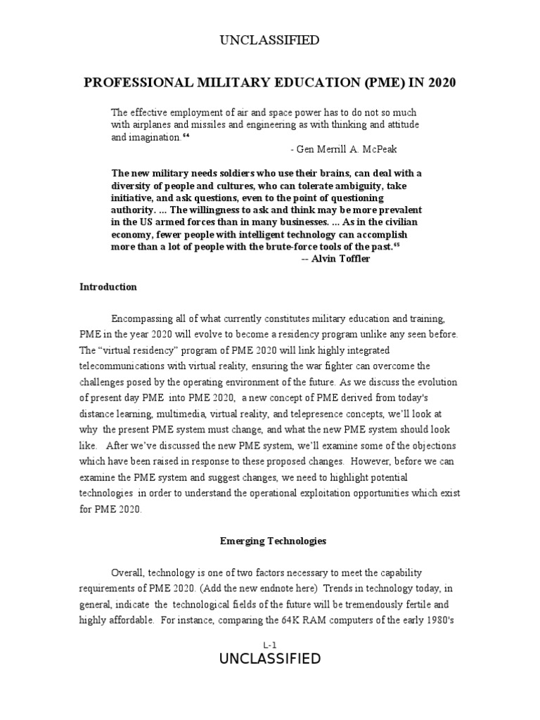 Professional Military Education (Pme) in 2020: Unclassified | Download ...