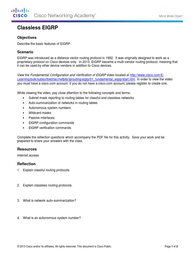 7.0.1.2 Classless EIGRP Instructions PDF | PDF