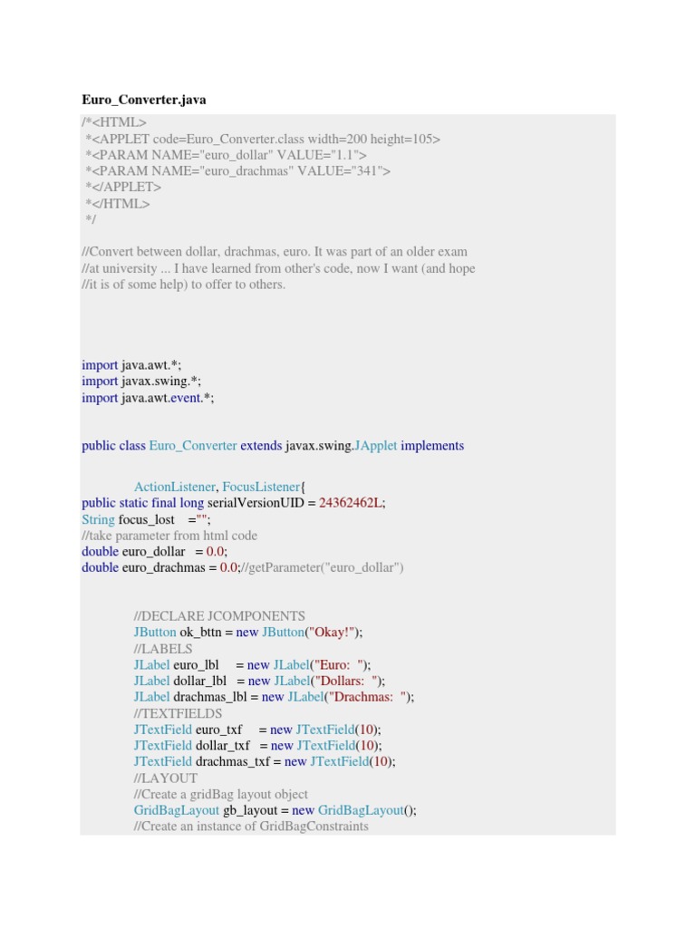 Euro Converter Java | PDF | Java (Programming Language) | Computer Engineering