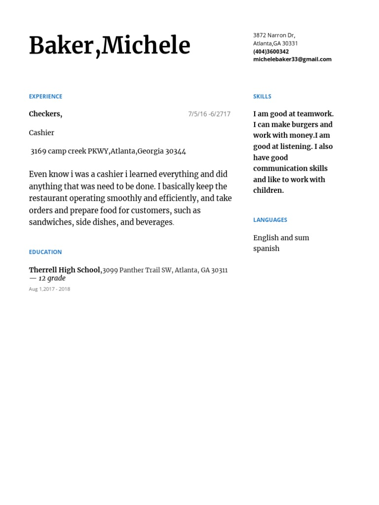 Baker, Michele: Cashier | PDF