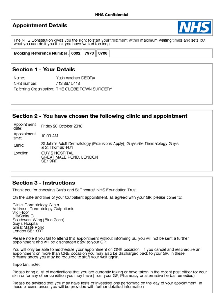 Appointment Details: NHS Confidential | PDF | National Health Service ...