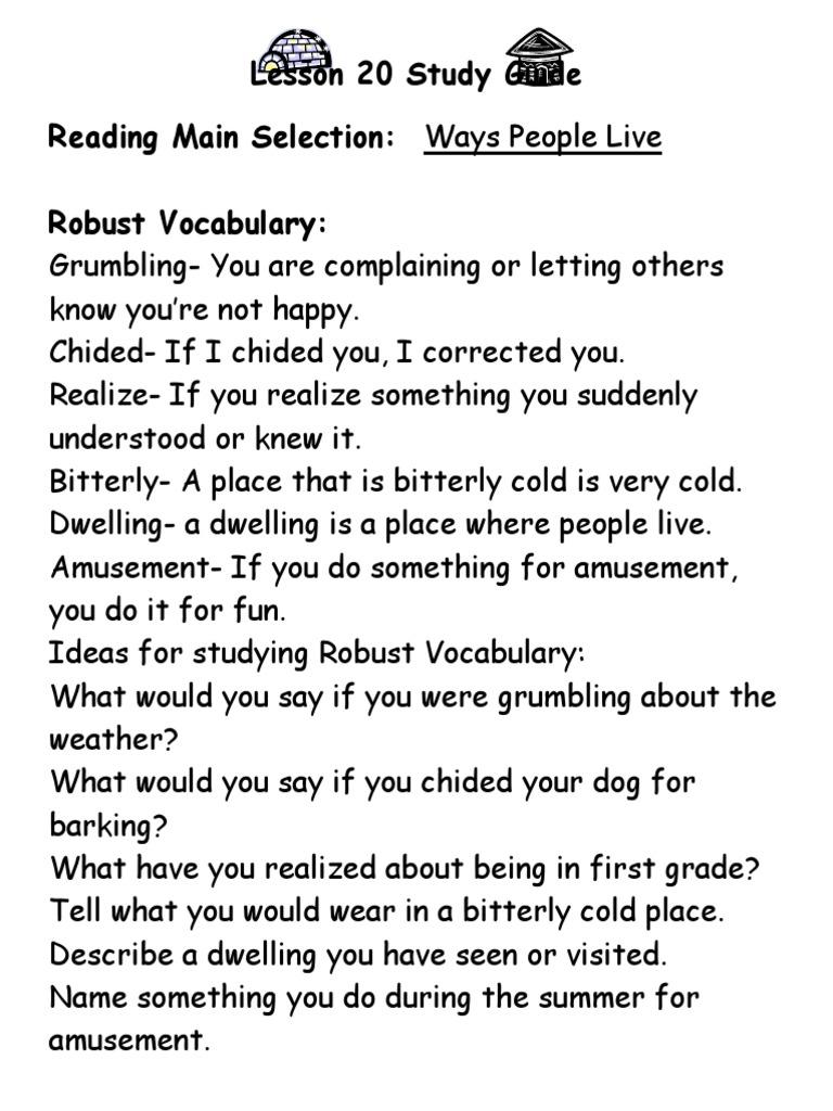 Lesson 20 Study Guide Reading Main Selection: Ways People Live Robust ...