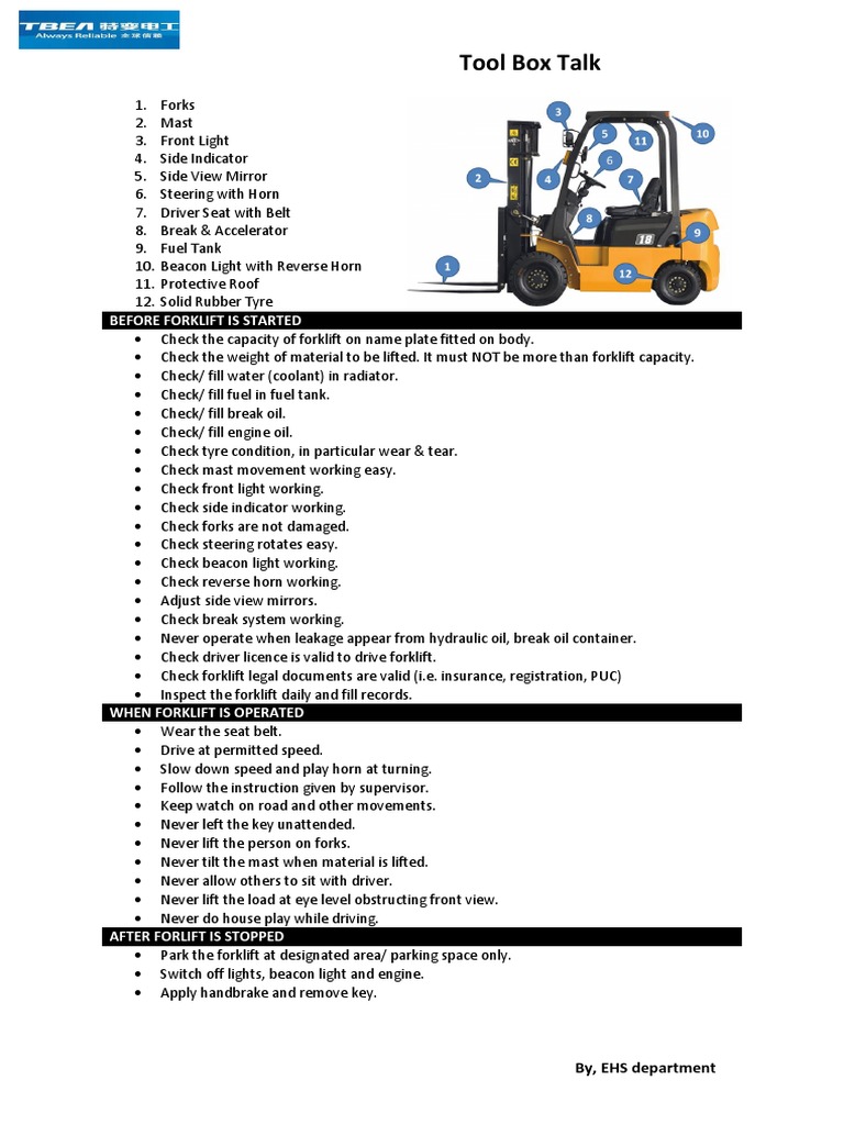 Tool Box Talk: Before Forklift Is Started | PDF