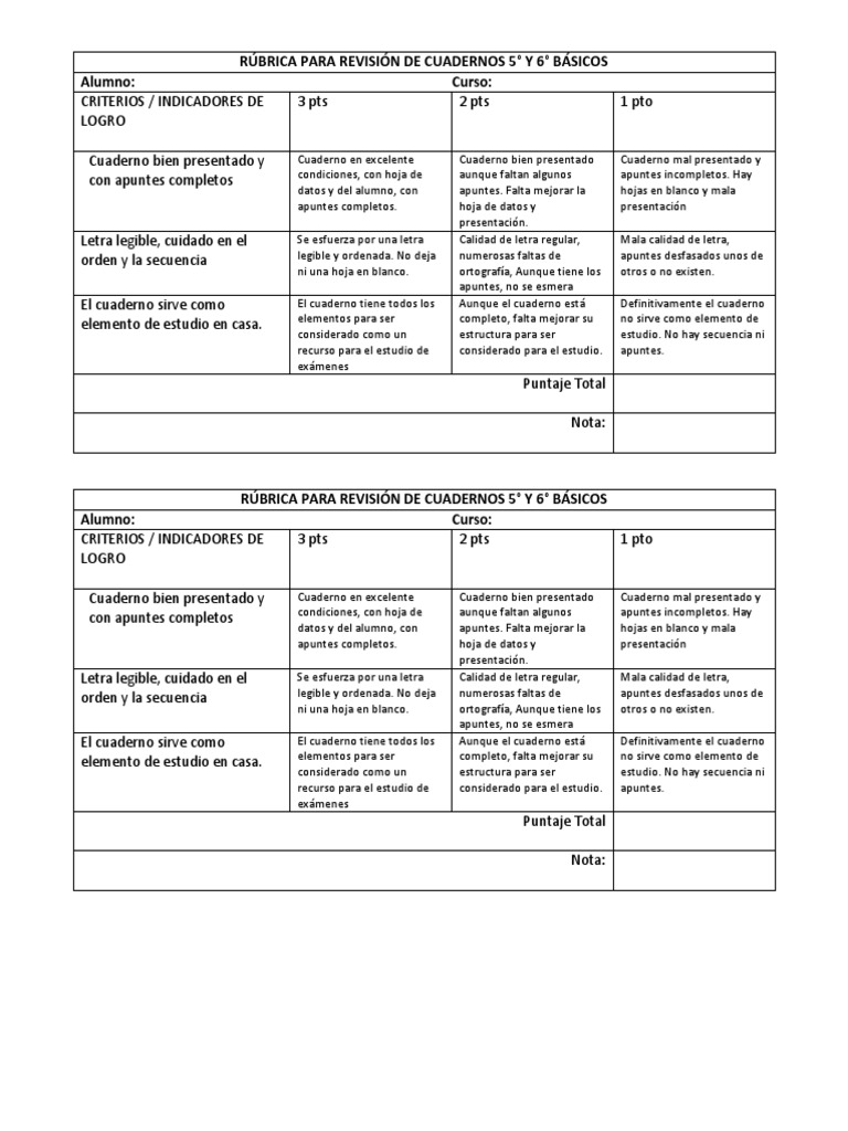 Rubrica Para Revisión de Cuadernos | Cuaderno | Ciencia (general)
