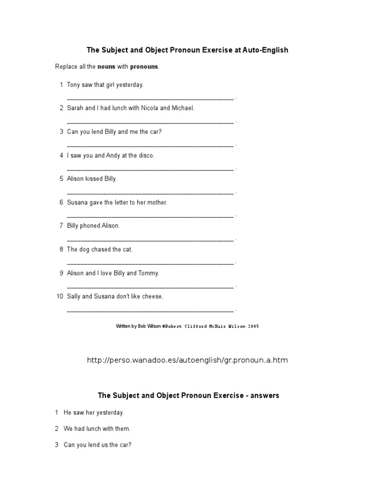 10d. Subject Object Pronouns Answer Key | PDF