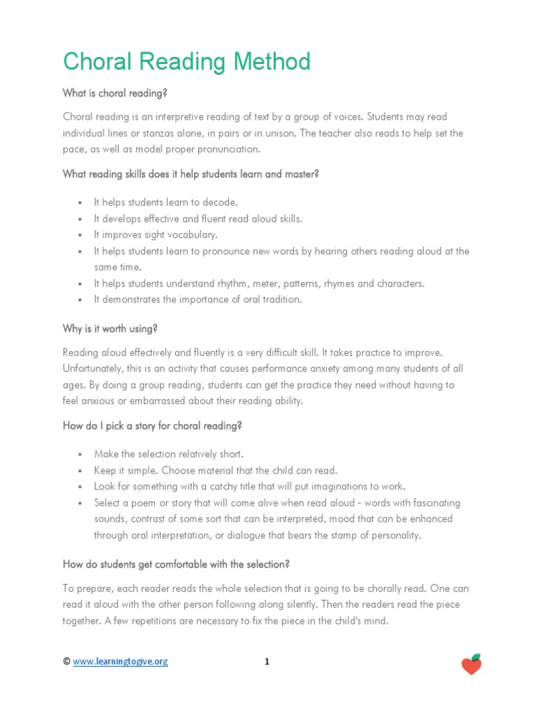 Choral Reading Method PDF | PDF | Reading (Process) | Semiotics