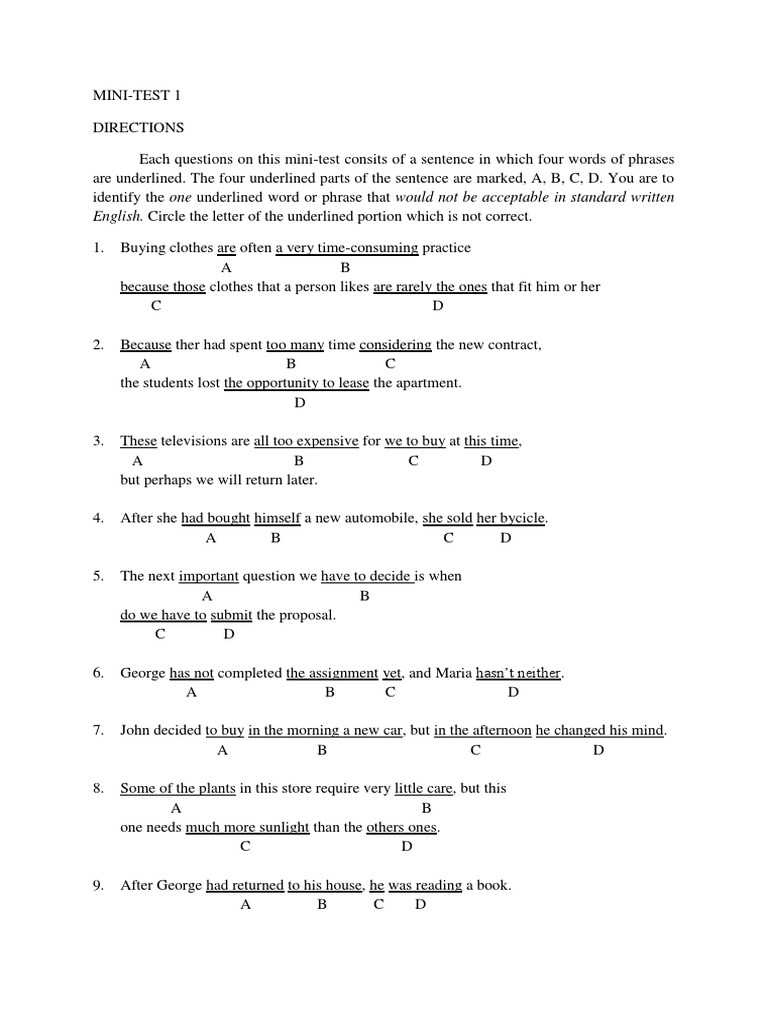 Mini-Test 1: Sentence Corrections | PDF | Phrase