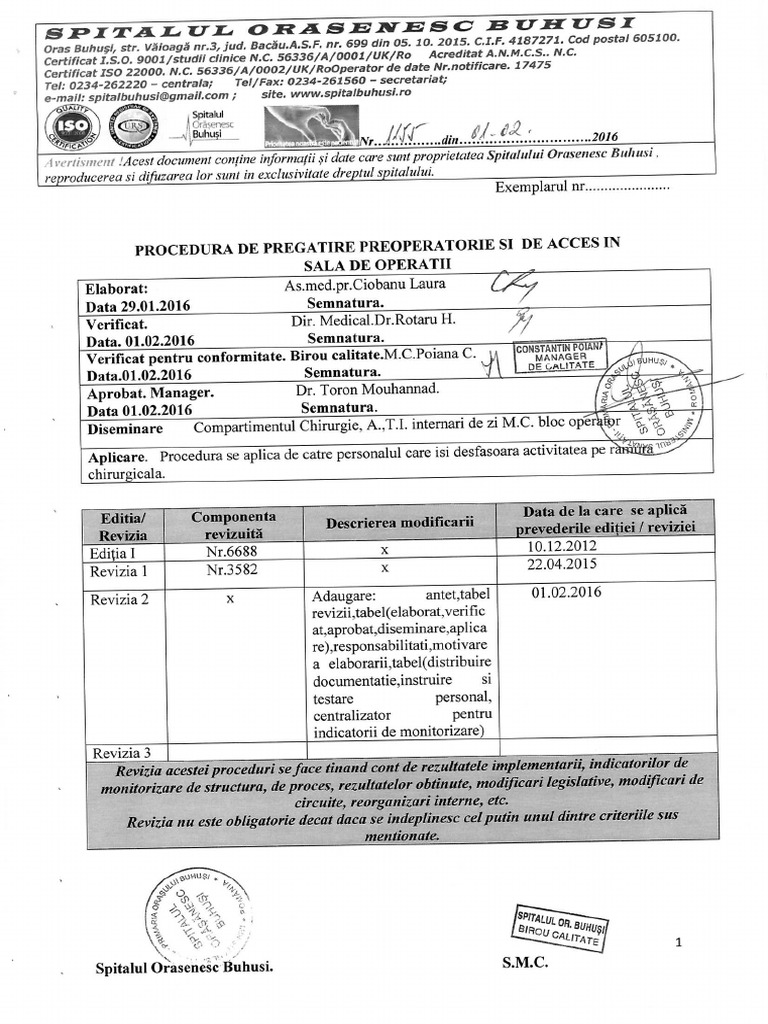 Procedura de Pregatire Preoperatorie Si de Acces in Sala de Operatii | PDF