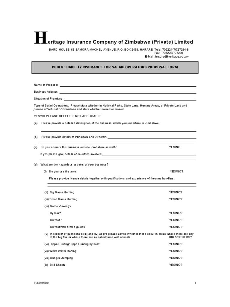 Safari Operators Public Liability Proposal Form | Civil Law (Legal ...