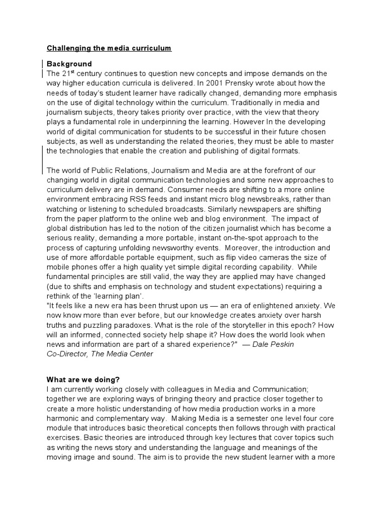 Challenging The Media Curriculum Background | PDF | Mass Media | Curriculum
