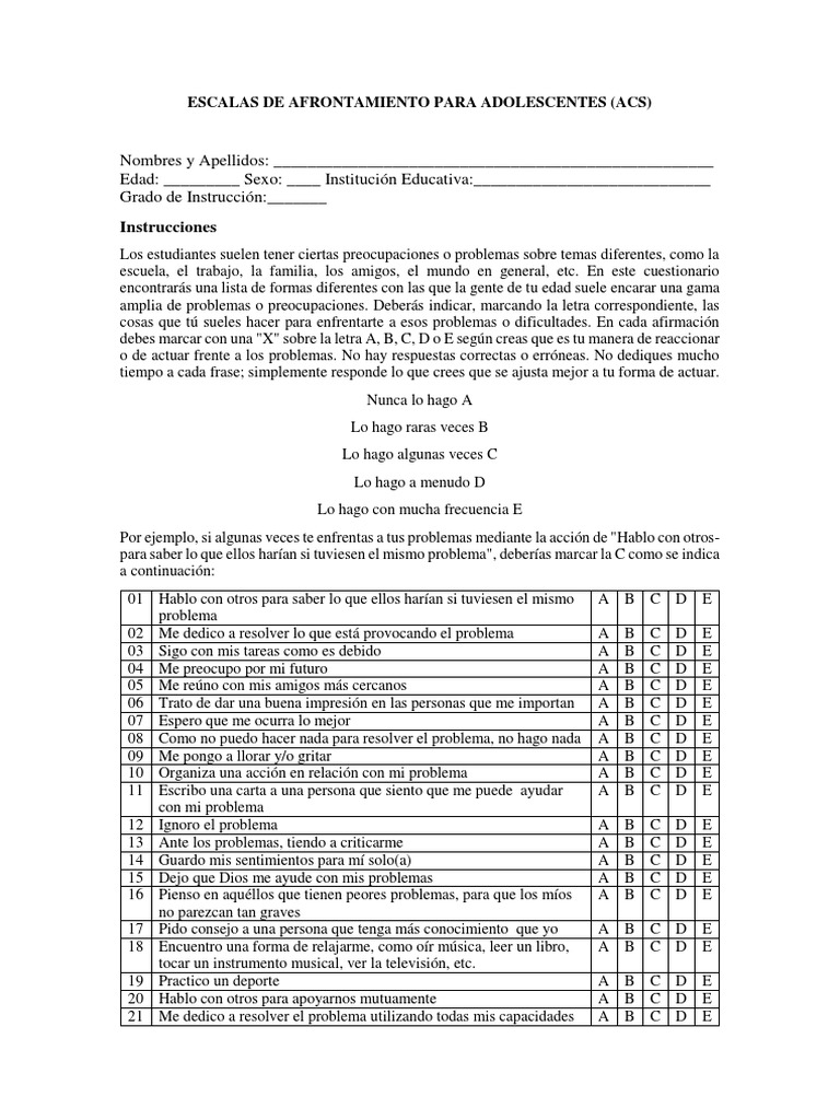 Escalas de Afrontamiento para Adolescentes | PDF | Ocio
