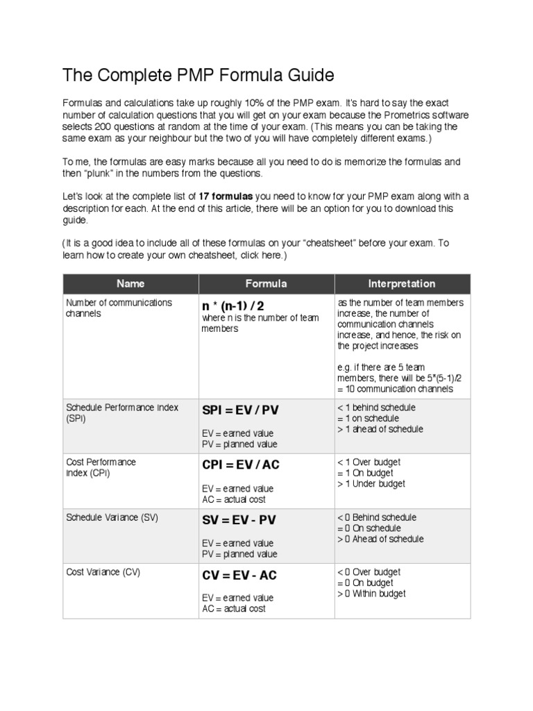 The Complete PMP Formula Guide PDF | PDF | Business | Teaching Mathematics