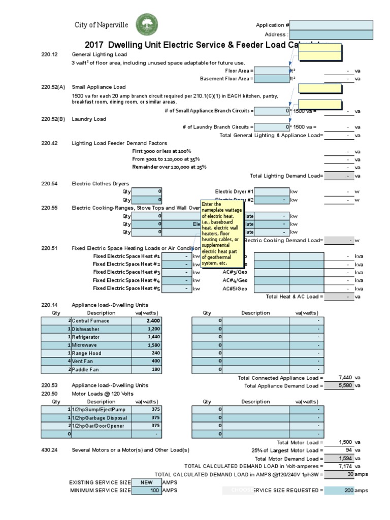 2017 Dwelling Unit Electric Service & Feeder Load Calculator | PDF ...