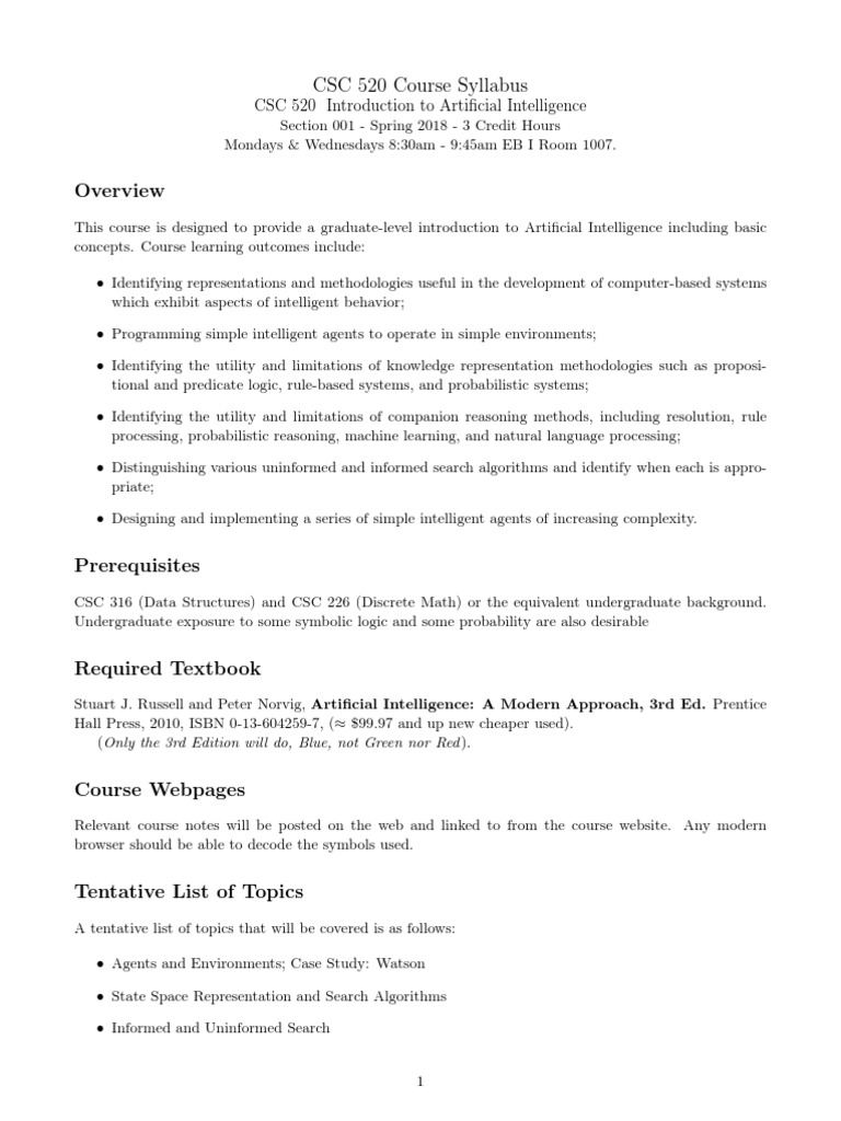 CSC 520 AI 2018 Spring Syllabus | PDF | Artificial Intelligence ...