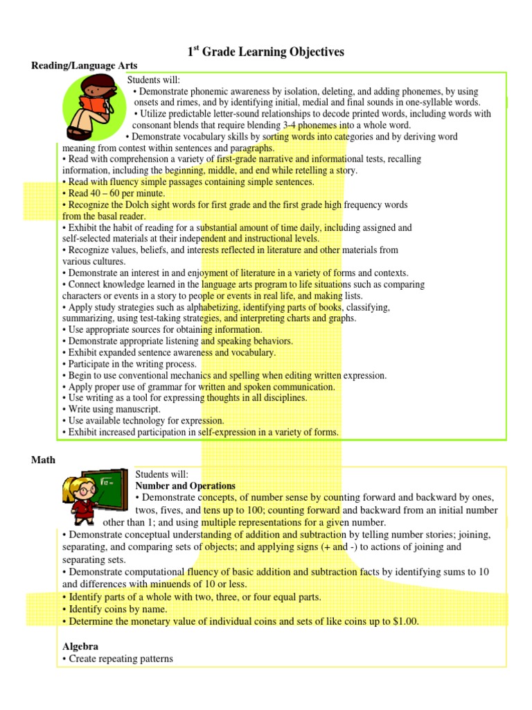 1 Grade Learning Objectives: Reading/Language Arts | PDF | Numbers | Shape