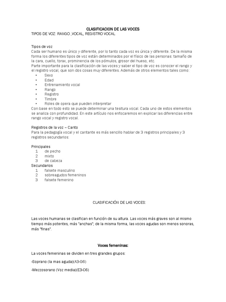 Clasificacion de Las Voces | PDF | Tecnicas musicales | Voz humana