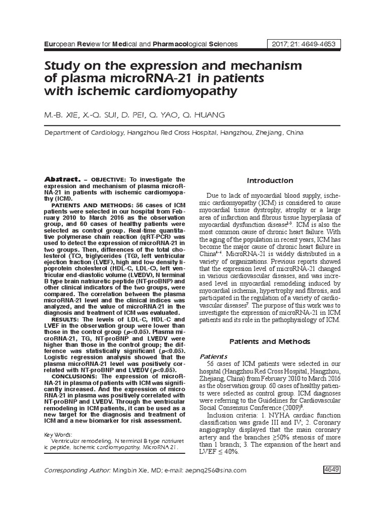 Study On The Expression and Mechanism of Plasma MicroRNA 21 in Patients ...