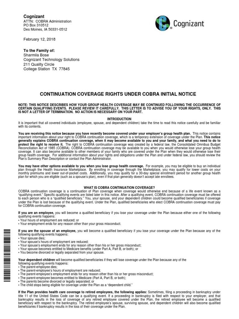 COBRA - Initial Rights Letter | Consolidated Omnibus Budget ...