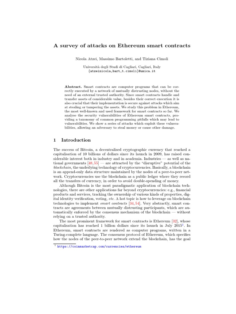 A Survey of Attacks On Ethereum Smart Contracts | PDF | Subroutine | C (Programming Language)