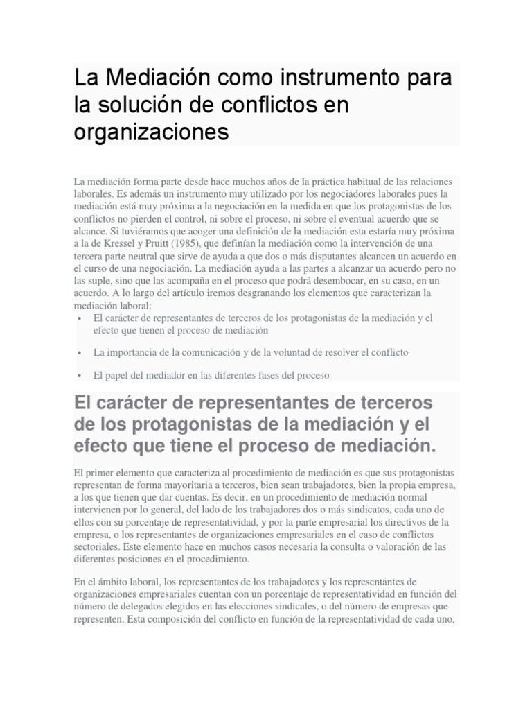 La Mediación Como Instrumento para La Solución de Conflictos en Organizaciones | PDF | Mediación ...