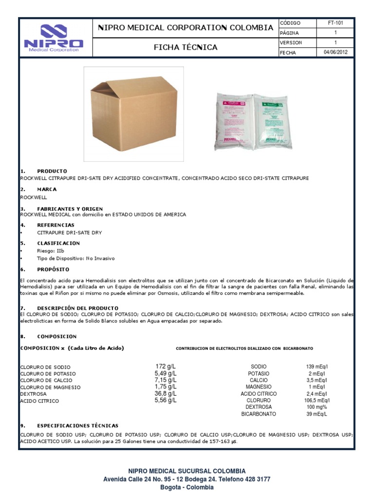 Concentrado Acido Seco Citrapure | PDF | Diálisis | Hemodiálisis