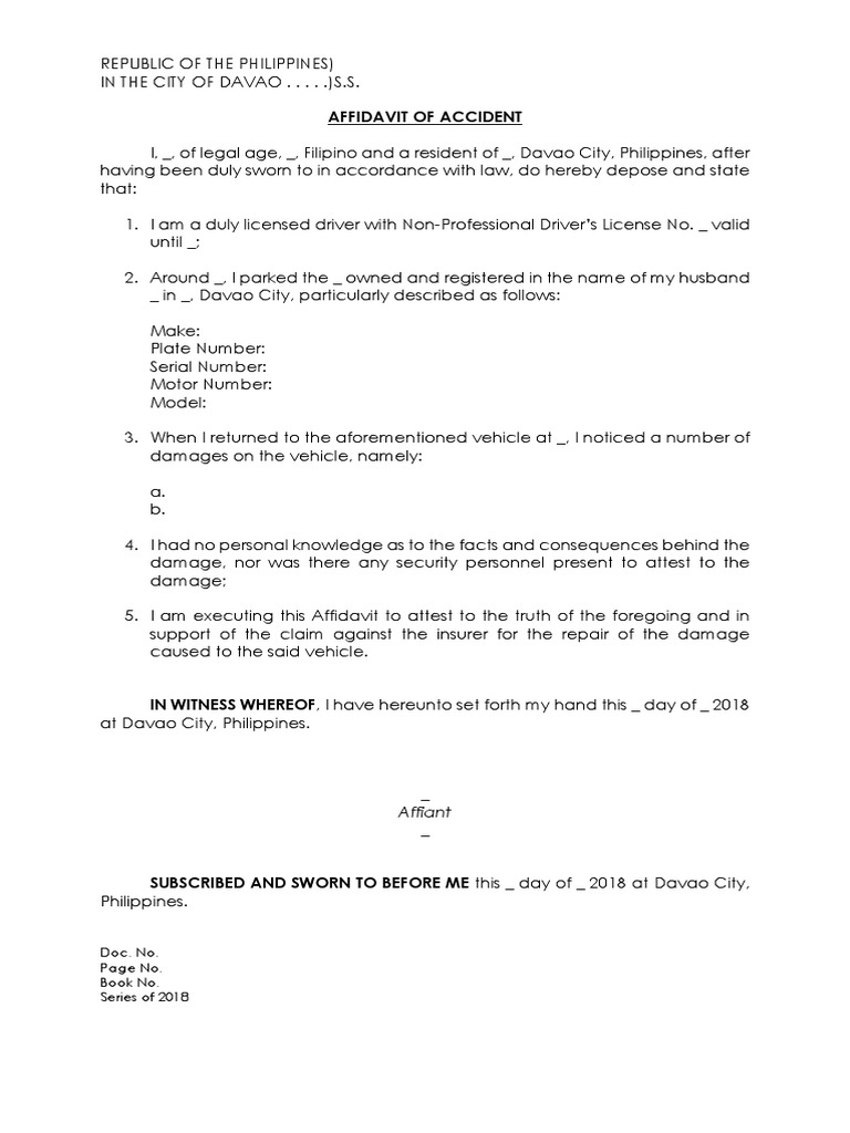 Affidavit of Accident Format | PDF | Affidavit | Common Law
