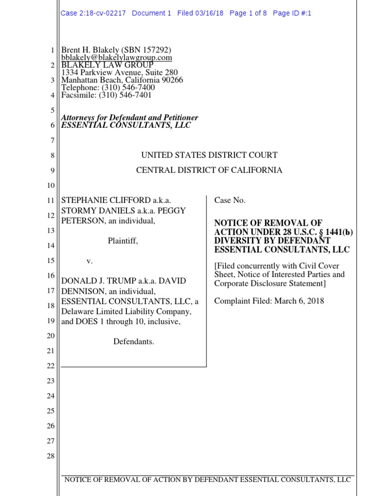 Notice of Removal | PDF | Settlement (Litigation) | Diversity Jurisdiction