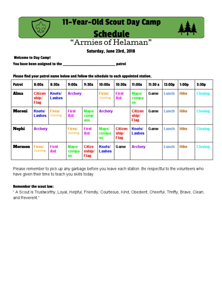 Day Camp Patrol Schedule and Activities | PDF