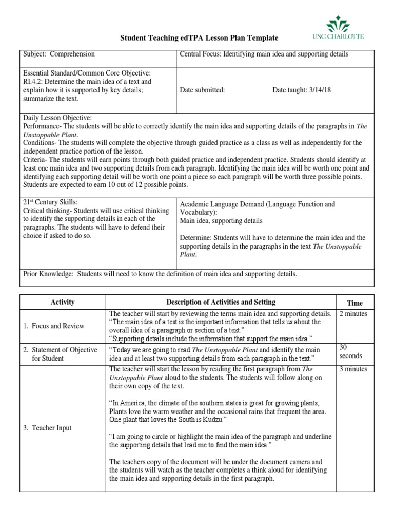 Student Teaching Edtpa Lesson Plan Template: Unstoppable Plant | PDF ...