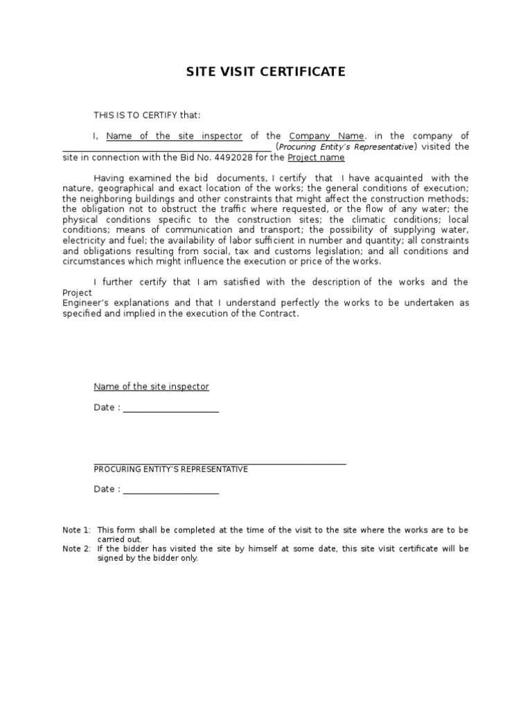 Site Visit Certificate | PDF