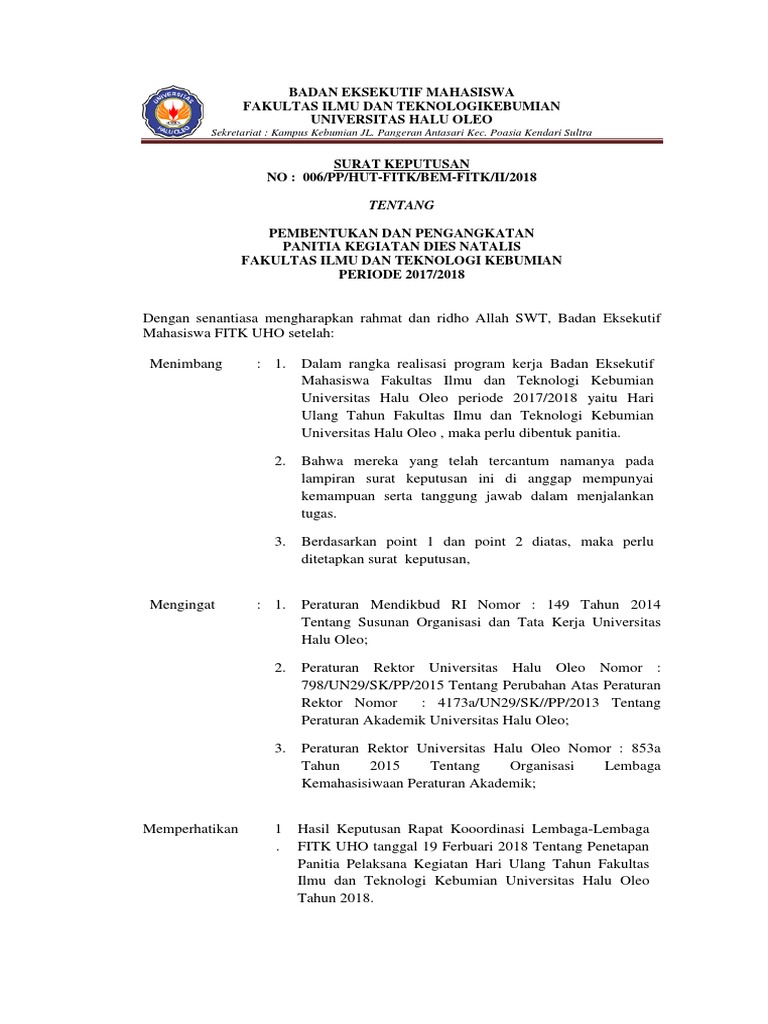 SK Pembentukan Panitia HUT FITK UHO | PDF