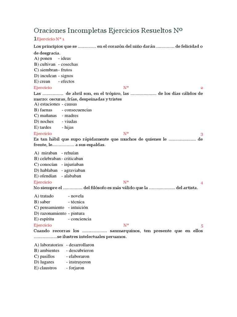 Oraciones Incompletas Ejercicios Resueltos #1ejercicio #1 | PDF ...