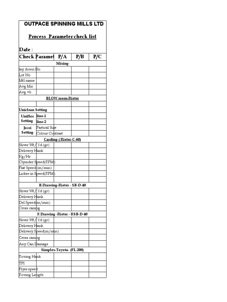 Process Parameter Check List Pdf