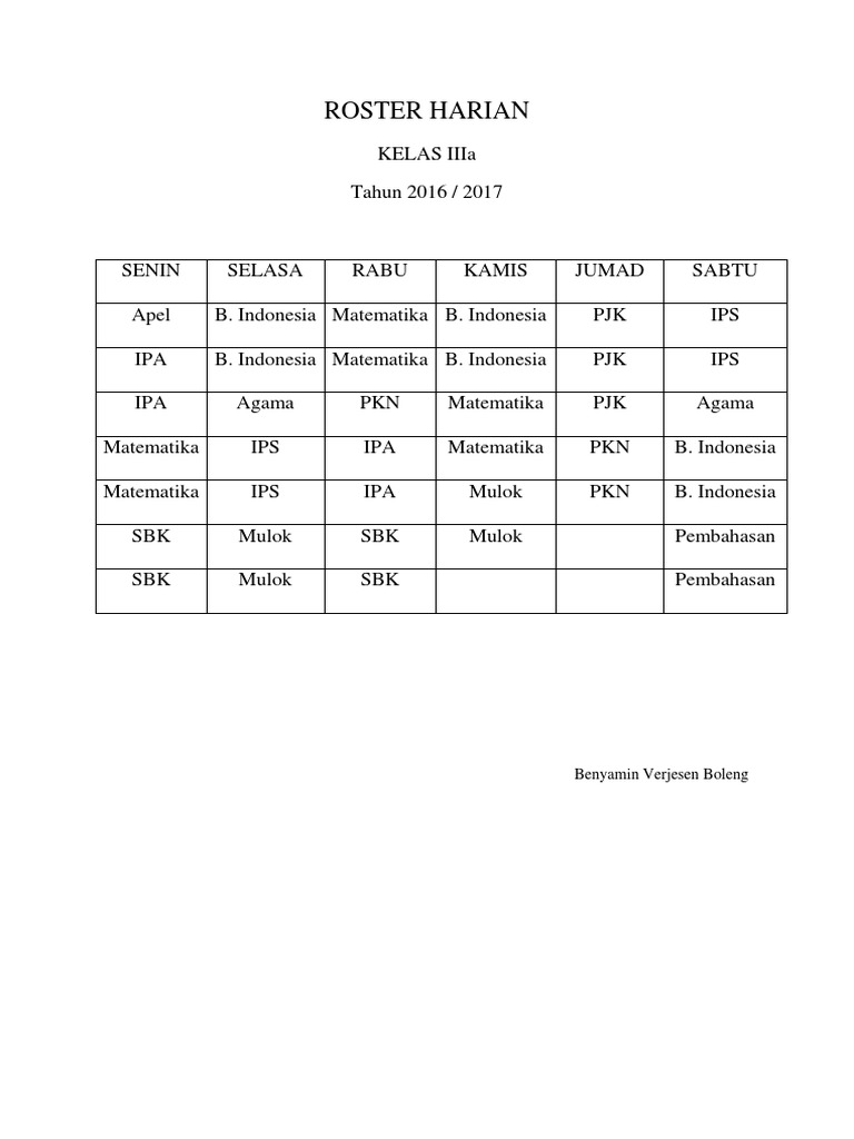 Roster Harian: Benyamin Verjesen Boleng | PDF