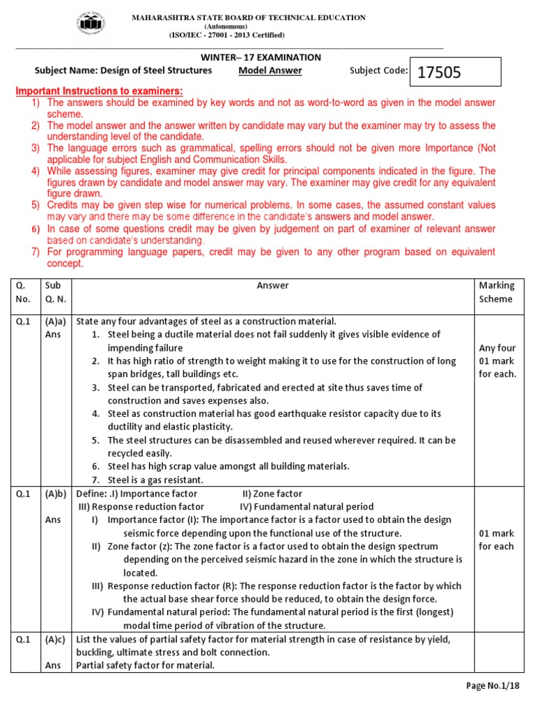 Design of Steel Structures: Model Answer Key for Examination Questions ...
