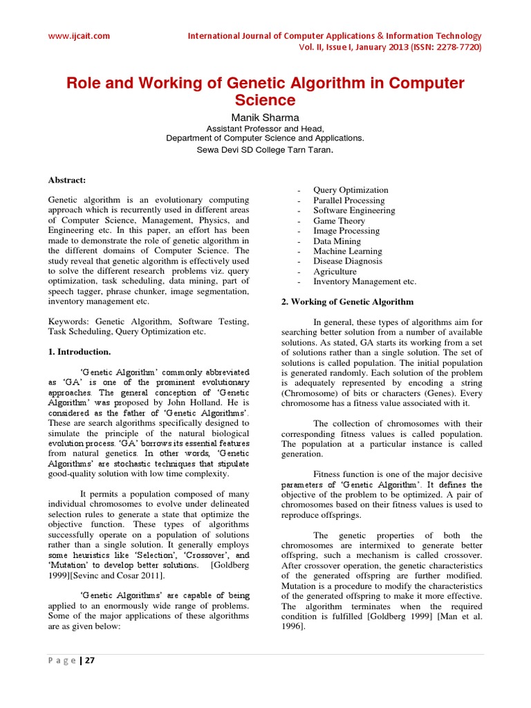Role and Working of Genetic Algorithm in Computer Science: Manik Sharma | PDF | Genetic ...