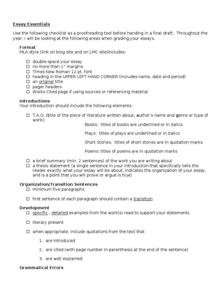 Essay Proofreading Checklist Guide | PDF