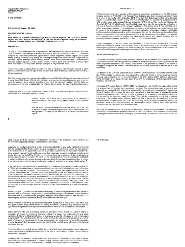 Occena Vs Icamina | PDF | Defamation | Crime & Violence